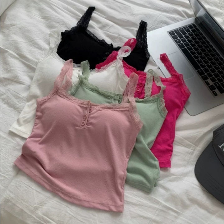 T-227 สายเดี่ยวขอบลูกไม้ ฟองน้ำในตัว กระดุมติดได้จริงทุกเม็ด ผ้านุ่ม ...