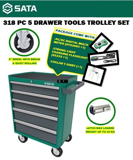 SATA95121P-22 318PCS 5 Drawer Tool Trolley Set w/Free Gift | Lazada