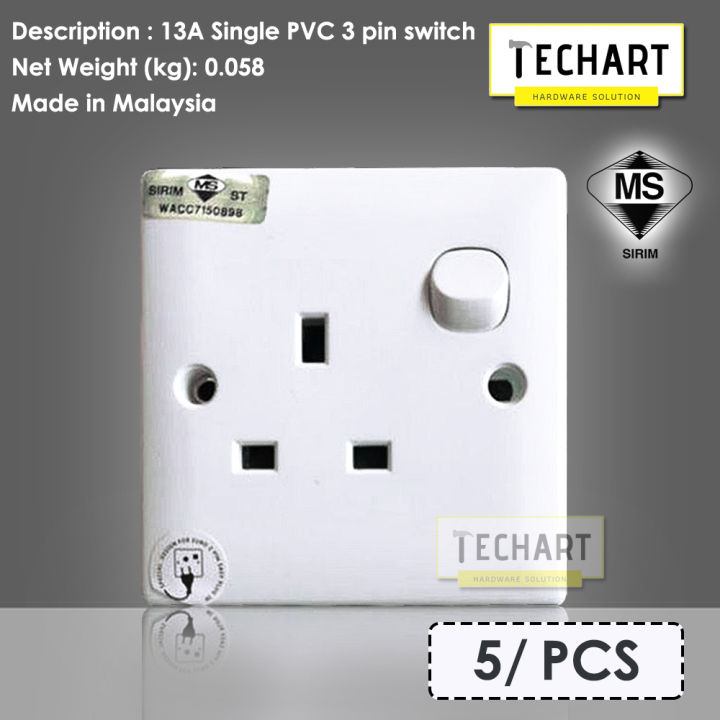 5Pcs 13A Single PVC 3 pin switch socket outlet (Sirim Approved) Made in ...