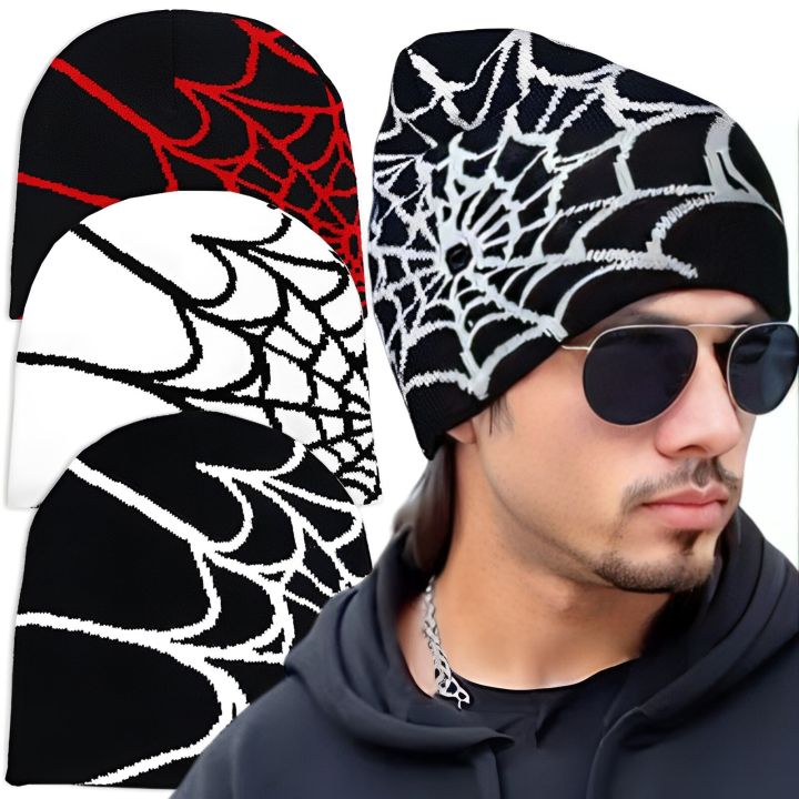 Punk Knitting Spider Web Design Hat for Men Women Pullover Pile Cap Y2k ...