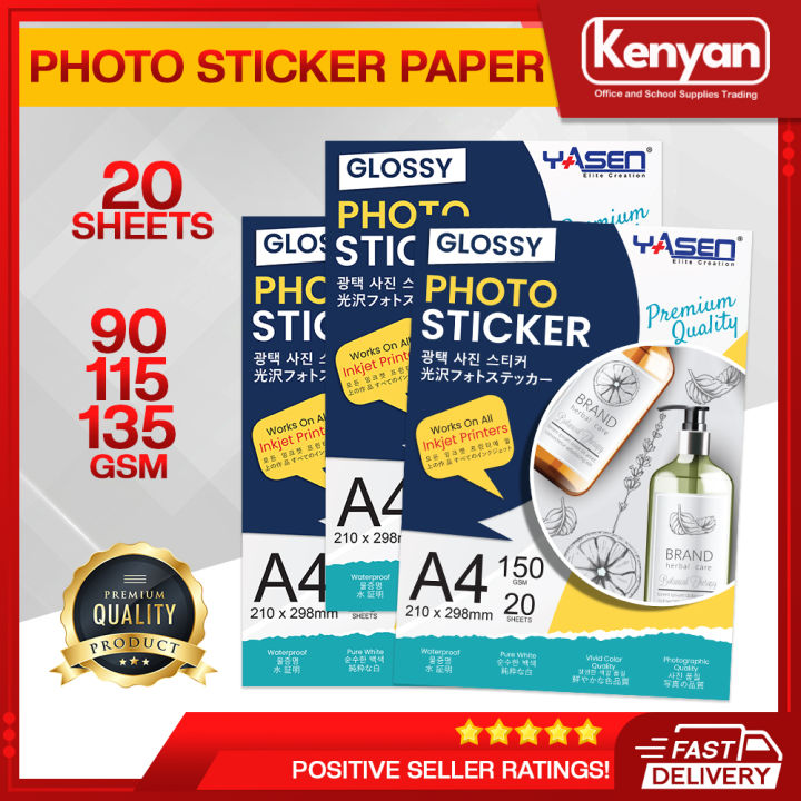 Yasen A4 Photo Sticker Paper (20 Sheets) 90/135/150GSM Waterproof for ...