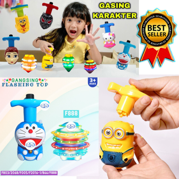 Mainan Gasing Lampu Musik / Gangsing Spidermen / Doraemon / Hello Kitty ...