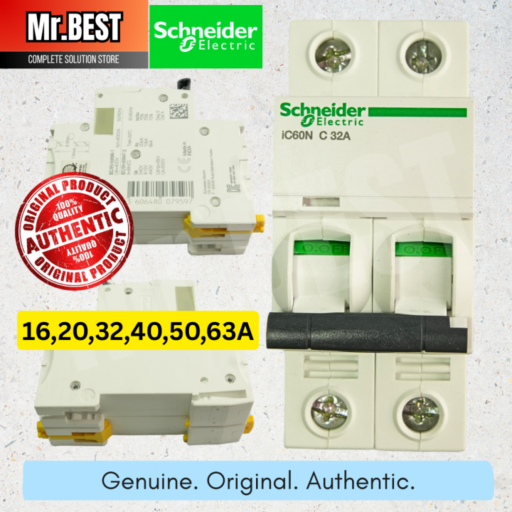 Original Schneider Miniature Circuit Breaker (MCB) IC60N Din Rail 16,20,32,40,50,63Amp 2pole ...