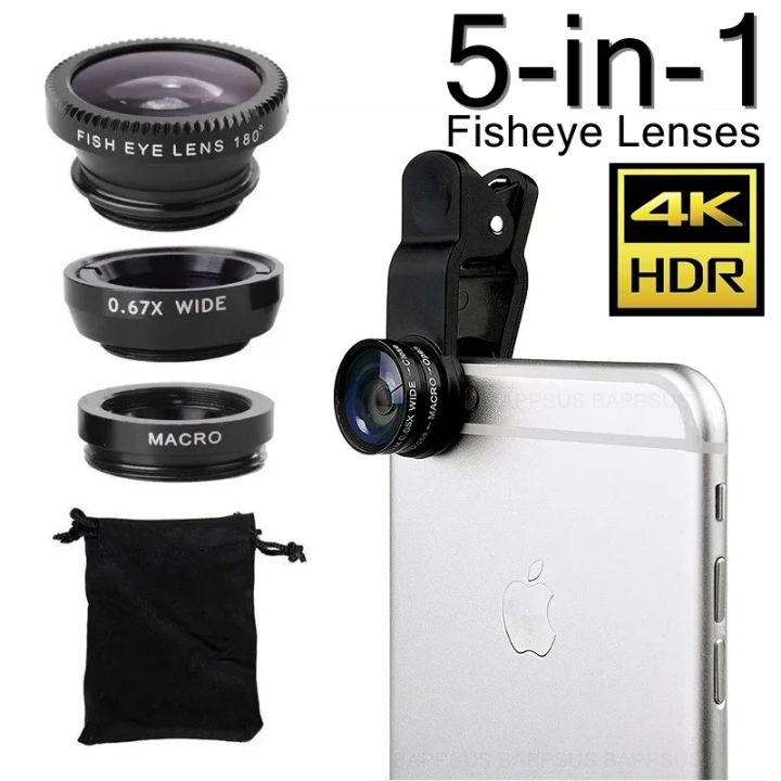 5 in 1 Fisheye Phone Lens 0.67X Wide Angle Zoom Fish Eye Macro Lens ...