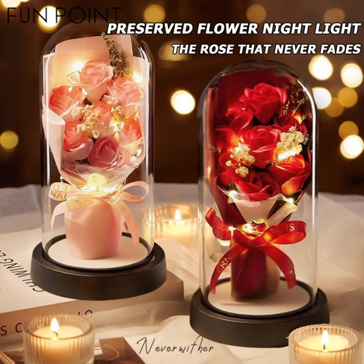 FUN POINT Artificial Rose Flower Glass Cover Dome Eternal Flower ...