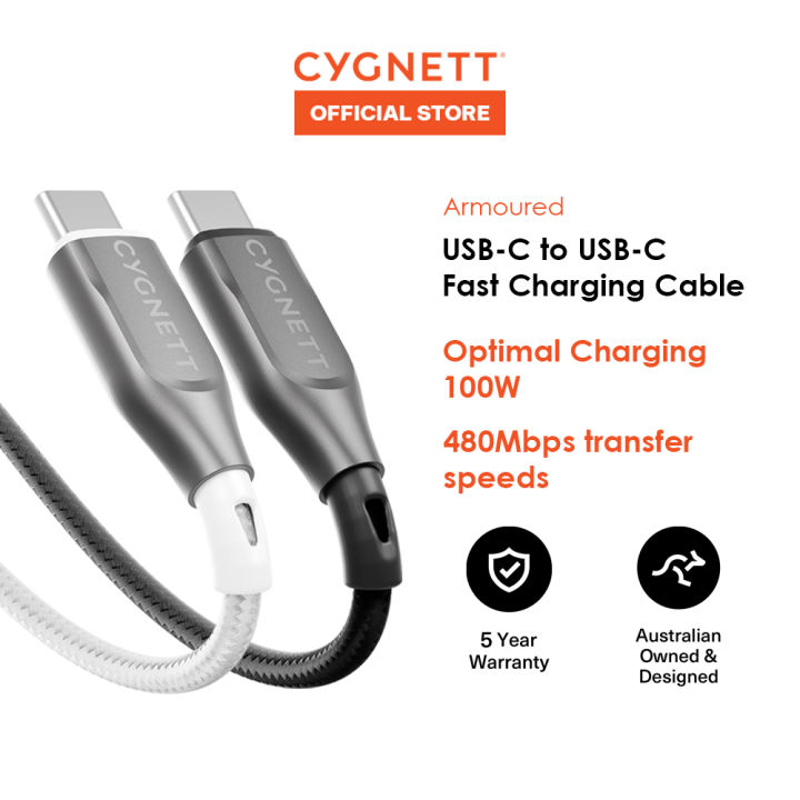 CYGNETT New Armoured USB-C to USB-C Fast Charging Cable 100W [50cm/1m ...