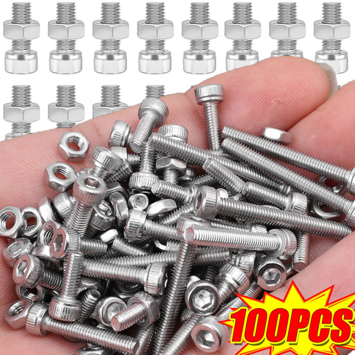 100PCS M3 Stainless Steel Bolt Hexagon Head Screw Nuts Set Round Flat ...