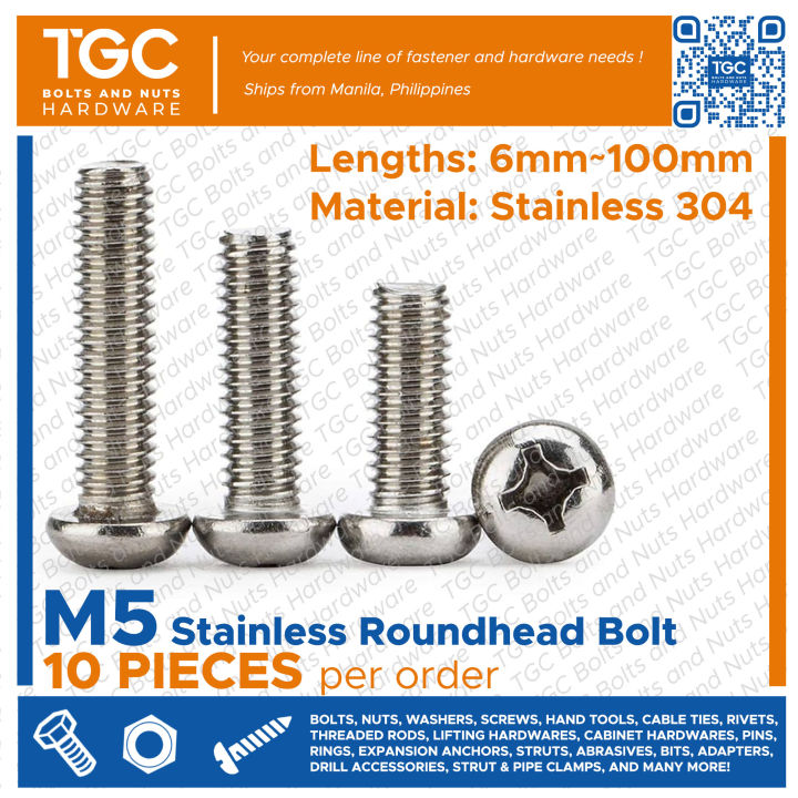 TGC 10PCS SS Round Head Stove Bolt M5 x 6~100mm Stainless Button Head ...