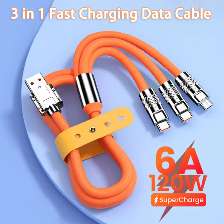 120W Fast Cable 3 in 1 USB Charging Cord Liquid Silicone Universal ...