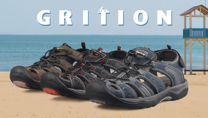 GRITION Men Outdoor Sandals Summer Breathable Flat Sole Beach Shoes ...
