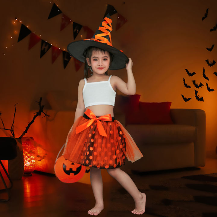 Pickmine 2023กระโปรงผ้าบางตาข่ายและหมวกแม่มดลายจุดชุดเสื้อผ้าแต่งตัวสำหรับเด็กวัยหัดเดินชุดคอสเ ...