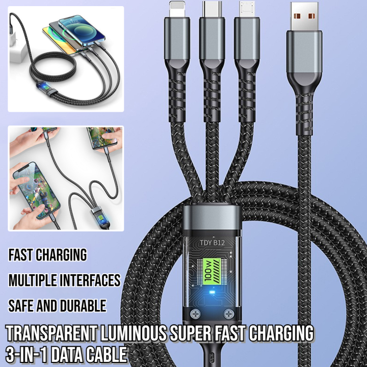 Transparent Luminous Super Fast Charging 3-in-1 Data Cable 3-in-1 Data ...