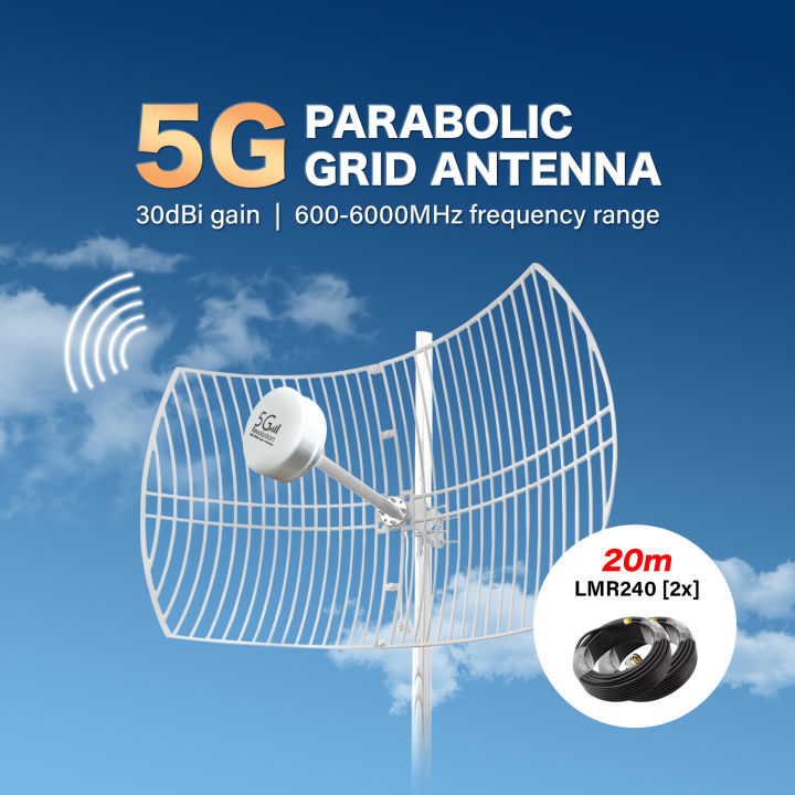 WOW 5G Parabolic Grid Antenna, 600-6000MHz, 30x2dBi Gain Feeder with 2 ...