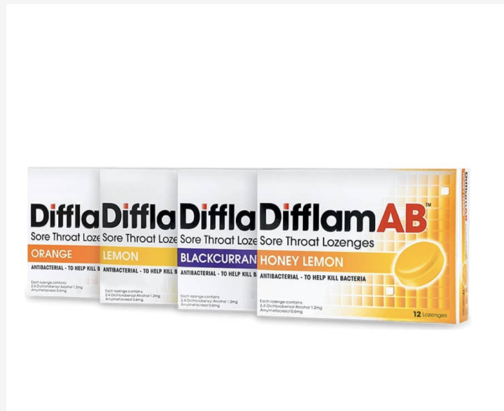 DIFFLAM AB SORE THROAT Anti-inflammatory LOZENGES 12'S (Orange, Lemon ...