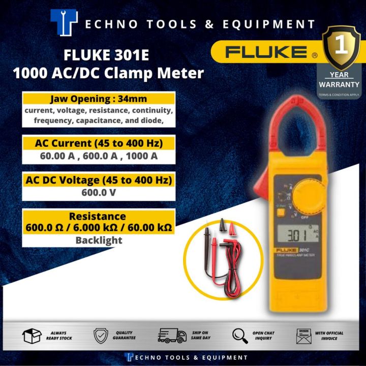 FLUKE 301E 1000A AC/DC Clamp Meter voltage, resistance & continuity ...