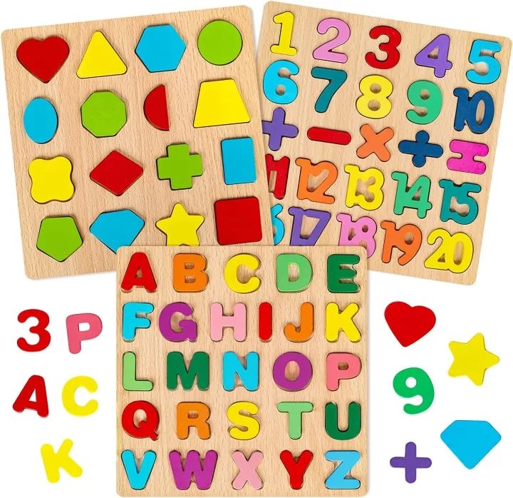 Wooden Toys Kid Number Letters Shape Matching (Jigsaw Board Alphabet ...
