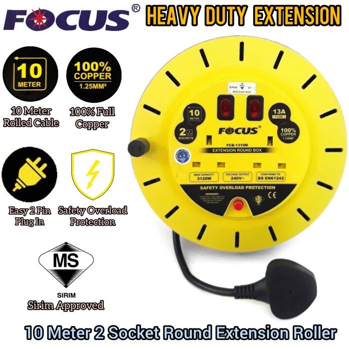 FOCUS HEAVY DUTY 5 / 10 METER ROUND EXTENSION ROLLER PLUG ADAPTOR WITH ...