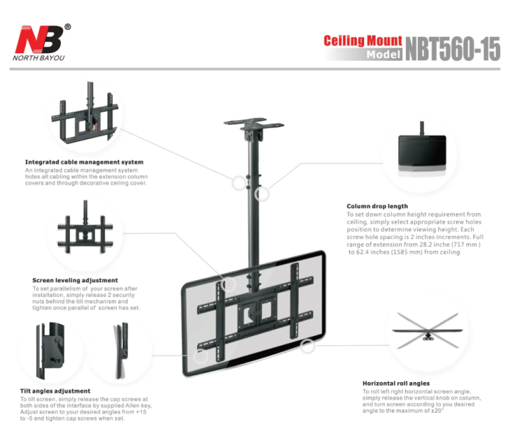 North Bayou NBT560-15 - TV Ceiling Mount, Flat Panel LED, LCD TV Mount ...