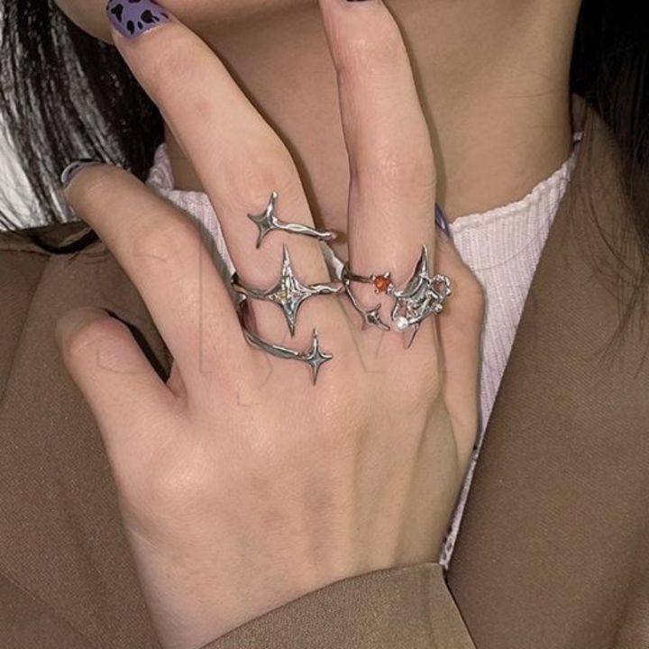 2Pcs Irregular Zircon Star Rings Creative Spiral Cross Star Open Ring ...