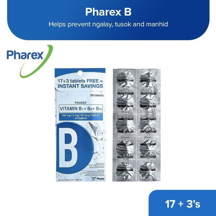 17+3 Tablets Pharex B-Complex Vitamin B1+B6+B12 100mg5mg50mcg Tipid ...