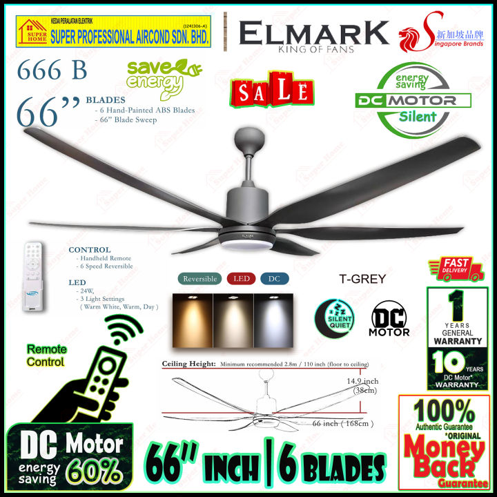 Elmark Ceiling Fan 666B T-GREY 66” inches DC Motor Remote Control 6 ...