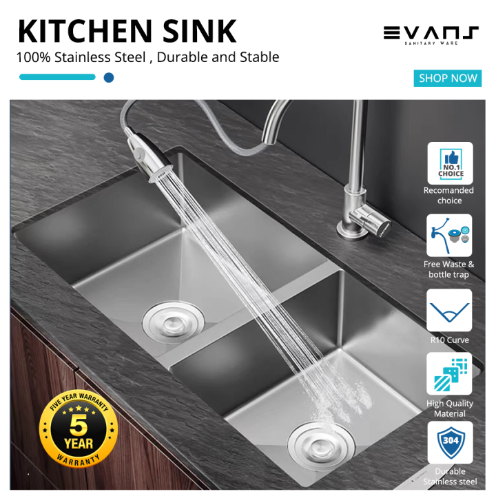 Evans Stainless Steel Double Bowl Kitchen Sink Under Mount Sink, 1.2mm ...
