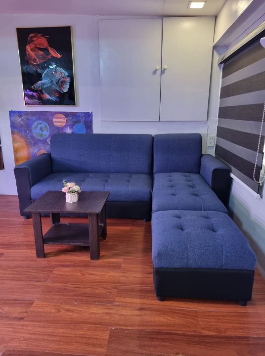 sala set L shape blue fabric sofa with center table uratex foam cod ...