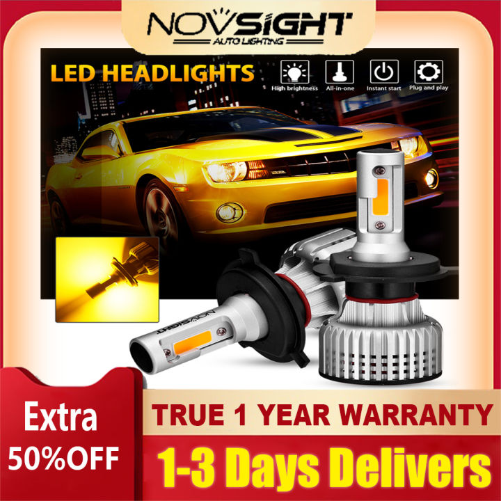 NOVSIGHT Car LED Headlight Bulb H4 H11 H7 HB3/9005 HB4/9006 3000K Yellow Running Light 10000LM ...