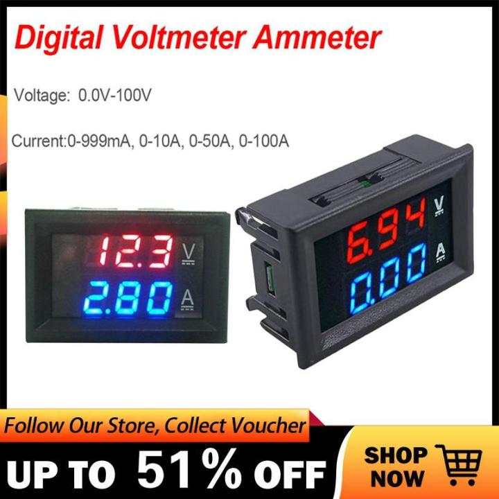 2 In 1 DC 100V 10A Voltmeter Ammeter Red Blue LED Dual Digital Display ...
