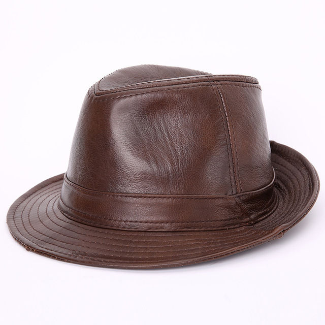 Lesvago Men Genuine Leather Jazz Hat Adult Fedoras Hat Male Sheepskin ...