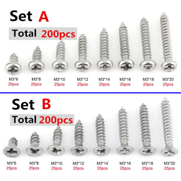 200pcs M3 304 Stainless Steel Pan Flat Head Self-Tapping Screws ...