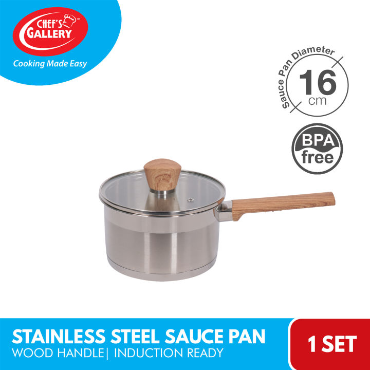 Chef’s Gallery Stainless Steel Sauce Pan with Glass Lid 16cm and Wooden ...