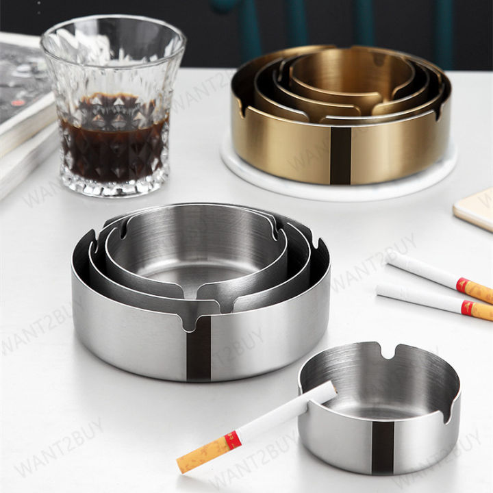 🇲🇾 🏆 Round Stainless Steel Ashtray Portable Tabletop Silver Metal Ash ...
