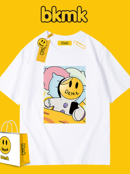 เสื้อยืดลายหน้ายิ้ม BKMK สำหรับบ้านจัสตินบีเบอร์สไตล์เดียวกันทรงหลวม ...