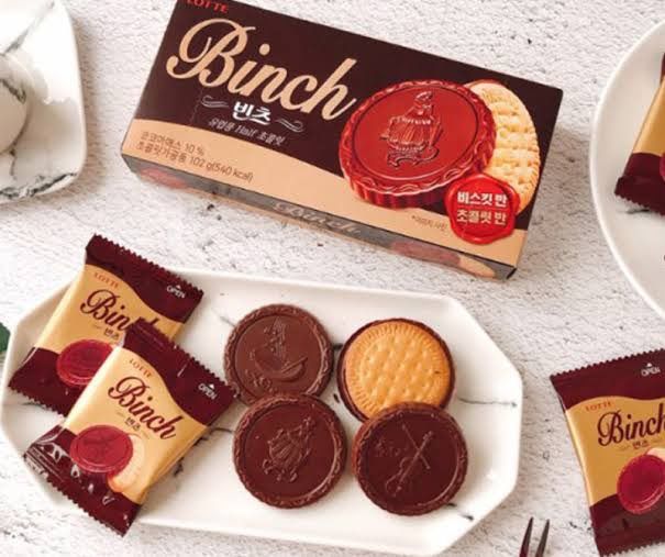 ขนมเกาหลี Lotte binch chocolate biscuit 102g롯데 빈츠 บินซ์ บิสกิตเคลือบ ...