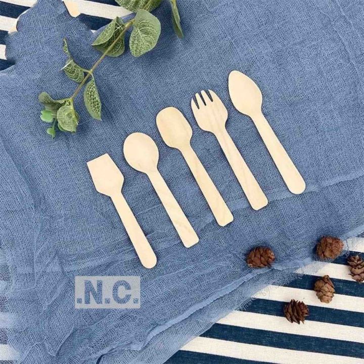 100pcs Wooden Disposable 10cm Dessert Spoon Fork Spatula Catering ...