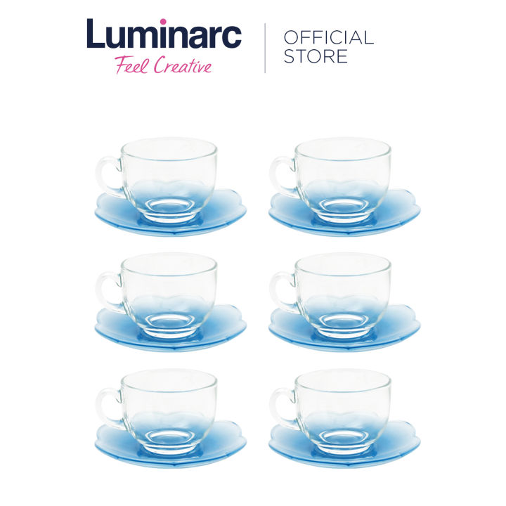 Luminarc Flore Blue 12pcs 22cl Glass Coffee Cup and Saucer Set 6 pairs ...