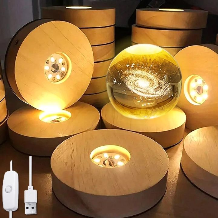Round Solid Wood Luminous Base Water Cup Mat Decor Desktop Wooden LED ...