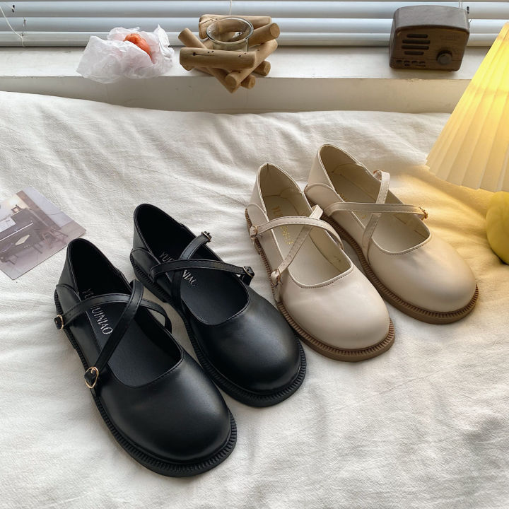 Round head soft bottom small leather shoes shallow mouth cross strap ...