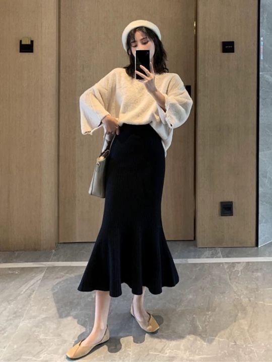 Korea Style Plain Fishtail Skirt Mid-Length High Waist Ruffles Skirt ...