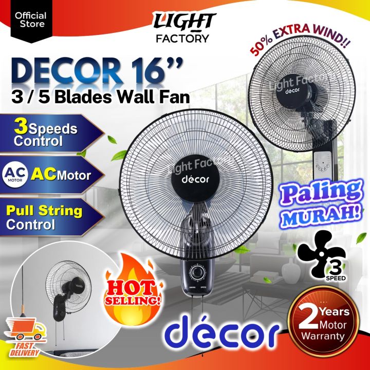 [3 YEARS WARRANTY] DECOR 16" Wall Fan With Pull String Control / Wall ...