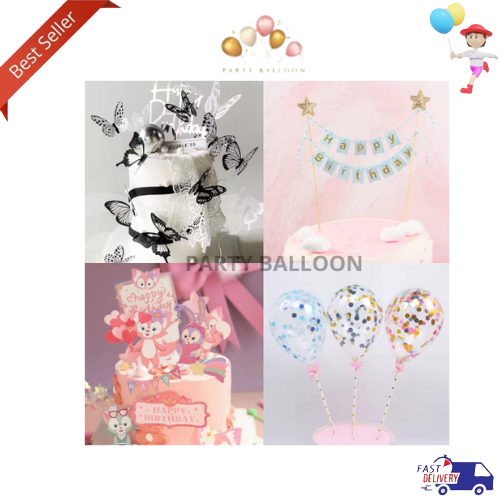 Cake Topper Hiasan Kue Ulang Tahun Motif Balon Confetti Kupu-Kupu Hbd ...