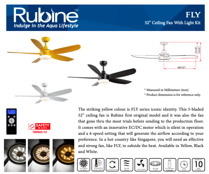 Rubine Fly 52" ceiling fan dc motor black white yellow digital remote ...