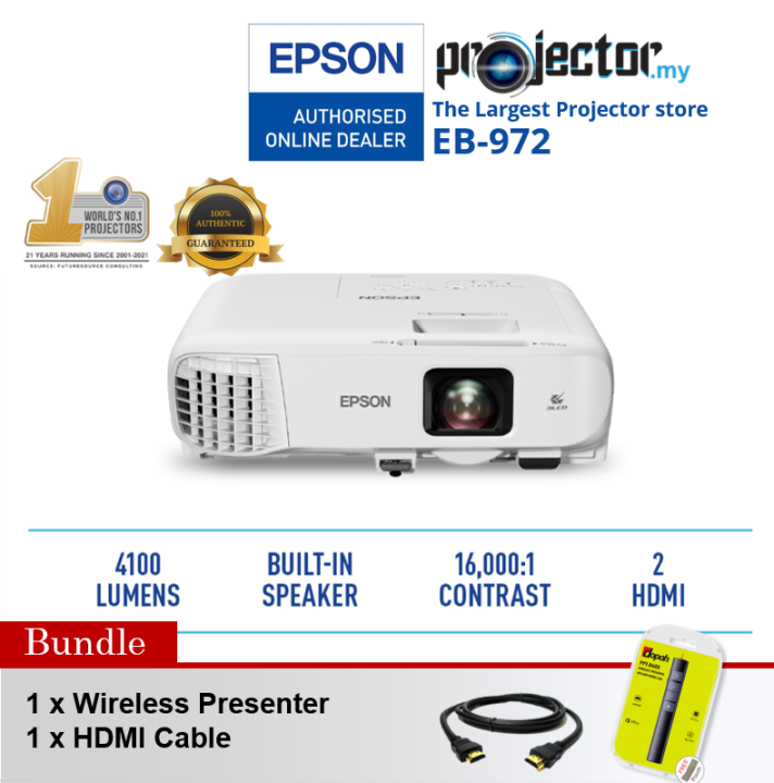 Epson EB-972 XGA 4100 Lumens 3LCD Projector, Long Lamp Life, Wide-Ranging Interface Education ...