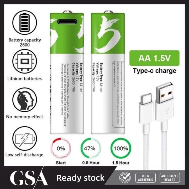 Smartoools 1.5V Double A Lithium ion Type C AA AAA Battery Rechargeable ...