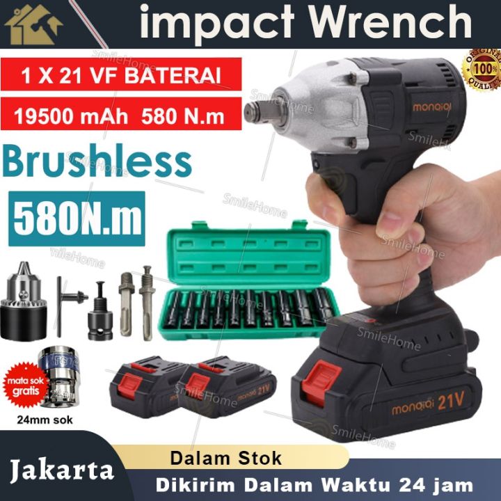 Monqiqi 21VF mesin bor impact baterai 580N.M bor Baterai 13mm Impact Wrench brushless impek tool ...