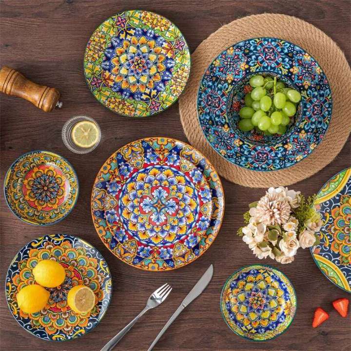 12Pcs Bohemian Style Ceramic Dinnerware Set Plates and Bowls For 4 ...