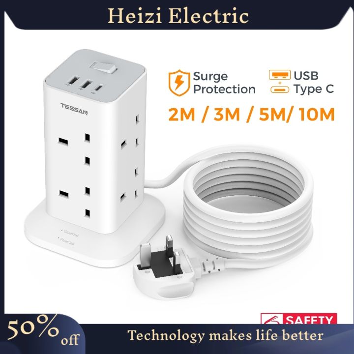 ready stock，siapTESSAN Tower Extension Plug Tower Socket with USB+Type ...