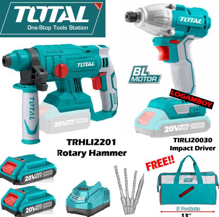 TOTAL CORDLESS ROTARY HAMMER DRILL IMPACT DRIVER 20V BRUSHLESS MOTOR ...