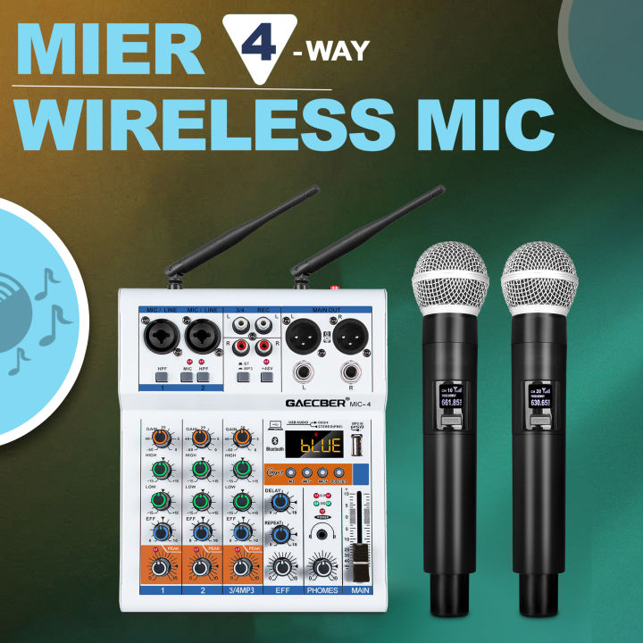 MIC-4 Audio mixer 4 channel with 2 wireless mics computer recording KTV ...